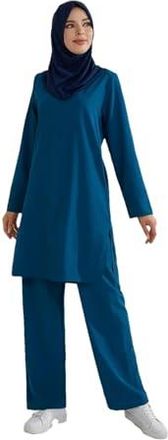 Generic Ensembles musulmans deux pièces pour femmes ensembles islamiques chemises longues pull tops et pantalons droits pantalons amples, bleu, M