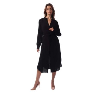 HUGO BOSS Dibanorah Midi Hemd Kleid f&uuml;r Damen, Hals Kerbe, Lang&auml;rmlig (Schwarz)