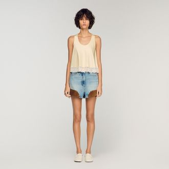 Sandro Top satin&eacute; &agrave; galon de dentelle