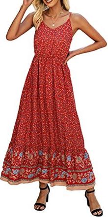 Onsoyours Floral Femmes Robe Jupe Longue Fleurie Bohème Dames avec Bretelles Été Vacances Plage Robe Sexy Casual B Rouge XS