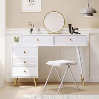 Suky Brand Schminktisch, Kosmetiktisch-Set mit LED-Beleuchtung und Spiegel, mit verstellbarem Seitenschrank und ausziehbarem Design, B100/H78/T40 cm, Ohne Hocker