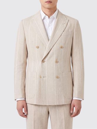 Eleventy Blazer crois&eacute; en lin et coton &agrave; rayures tennis avec revers en pointe