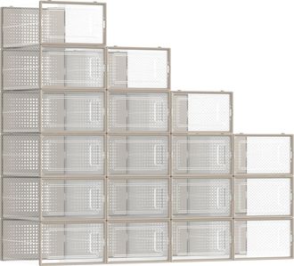 Songmics Schuhboxen, 18er Set, Schuh-Organizer aus Kunststoff, faltbar und stapelbar, für Schuhe bis Größe 44, transparent-haferflockenbeige LSP18SW30