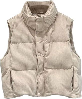 Generic Gilet en duvet pour femme en velours c&ocirc;tel&eacute; sans manches col montant zipp&eacute; rembourr&eacute;, abricot, XXL