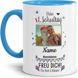 Tassendruck Tasse zur Einschulung selbst gestalten - Dein 1. Schultag - mit Name, Datum und Foto Personalisieren - Geschenke zur Einschulung | Innen & Henkel Hell