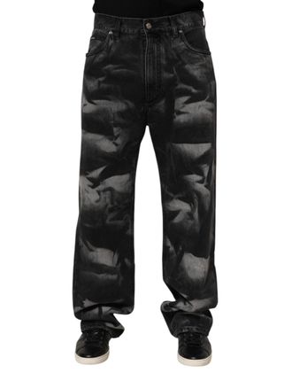Dolce & Gabbana Black Marbled Effect Straight Men Denim Jeans Cotton Trousers