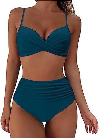 Generic Femmes Taille Haute Bikini Sexy Push Up Deux pièces Maillots de Bain Vintage Maillot de Bain Deux pièces rétro froncé Taille Haute imprimé Bikini Ense