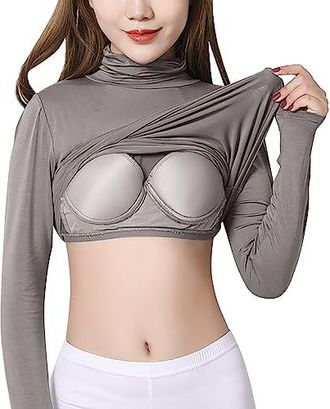 Generic Chemisier uni à manches longues pour femme - Couleur unie - Rembourré - Col roulé - T-shirt à manches longues - Soutien-gorge pour femme - Sous-vêteme