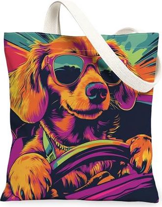 Generic Sac fourre-tout en toile motif teckel pour faire du shopping, 33 x 38,1 cm, sac d&eacute;picerie r&eacute;utilisable pour femme, animal domestique, plage, peinture 