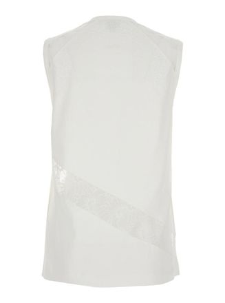 Pinko Womens Crew Neck Top With Lace Trim White Cotton Tops
