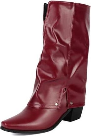 Generic Bottes mi-mollet à bout carré pour femme - Style western, Rouge, 39.5 EU
