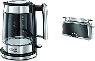 Russell Hobbs Wasserkocher, Glas Elegance, 1.7l, 200W, LED Beleuchtung, Edelstahl, Wasserstandsanzeige & Toaster Langschlitz Luna grau, inkl. Brötchenaufsatz, 6 ein