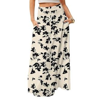 Generic Jupe longue &agrave; motif floral pour femme - Jupe maxi fluide &agrave; taille haute et motif floral - Jupe en tricot normale et tendance - Rouge, Blanc., XXL