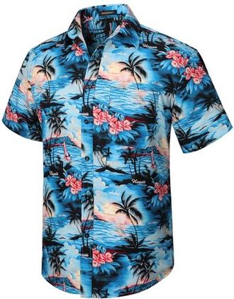 Hisdern Chemises hawaïennes pour Hommes Chemises décontractées pour Hommes Chemise dété à Manches Courtes imprimé hawaïen Chemise Aloha à Manches Courtes Bleu