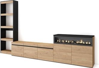 Skraut Home | Wohnwand Wohnzimmer | Wohnzimmerm&ouml;bel, M&ouml;belset | 310x186x35cm | F&uuml;r TV-Ger&auml;te bis zu 65 | Elektrokamin. | Moderner Stil | Eiche Schwarz