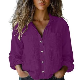 Generic Chemise d&eacute;contract&eacute;e en coton et lin pour femme - Manches longues - Couleur unie - Haut de travail ample avec poches - T-shirt &agrave; manches longues pour 