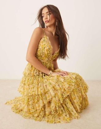 Lace & Beads Robe longue &agrave; imprim&eacute; fleuri avec volants &eacute;tag&eacute;s et bordures en dentelle - Jaune bouton dor