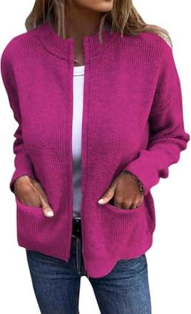 Generic Veste tricot&eacute;e &agrave; col rond avec poches, pull &agrave; fermeture &eacute;clair solide pour femme, cardigan en tricot zipp&eacute; ouvert sur le devant, rose rouge, 4XL