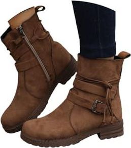 Generic Bottines dhiver pour femme - Style vintage et d&eacute;contract&eacute; - En daim - &Agrave; lacets - Bout rond - Talons bas - Bottines de cowgirl occidentales avec fermet