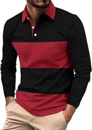 Generic WINWUQB Polo de golf d&eacute;contract&eacute; &agrave; manches longues pour homme, polo de rugby &eacute;l&eacute;gant, couleur contrast&eacute;e, polo respirant, confortable et doux, A-2 Rou