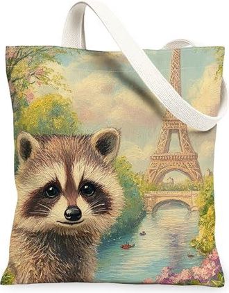 Generic Sac fourre-tout en toile de raton laveur printanier pour faire du shopping, 33 x 38,1 cm, tour romantique, sac d&eacute;picerie r&eacute;utilisable pour femme, pein