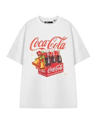 Coca Cola Ware T-Shirt Graphique de No&euml;l Cola pour Femmes | Dessus Classique Blanc Festif avec Bouteilles, gui et Cloches | Chemise &agrave; col Rond de la Saison des f&ecirc;tes