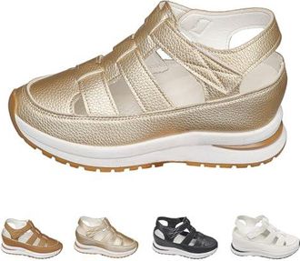 Generic Sandales compensées pour femme, plateforme en cuir surélevé, bout fermé, respirantes, pour lextérieur, lété, la plage, la marche, doré, 39 EU