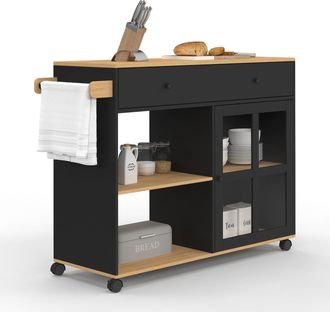 IDMarket K&uuml;chenschrank ACHILLE XXL mit Ablage und Schrank schwarz emailliert und Holz L. 100 cm