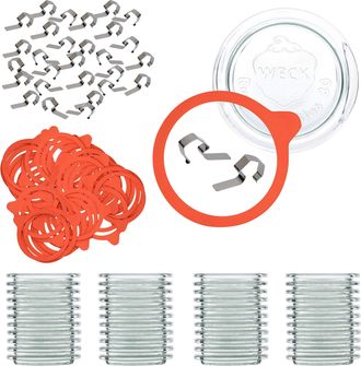MamboCat 192tlg.-Set Weck-Zubeh&ouml;r | 48 Glas-Deckel + 48 Einkoch-Ringe + 96 Einweck-Klammern f&uuml;r Rundrand-Gl&auml;ser RR80 + Rezeptheft | Einmachen & Konservieren