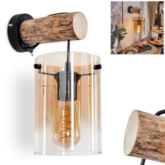 HOFSTEIN Wandleuchte Parane, Wandlampe aus Metall/Holz/Glas in Schwarz/Natur/Bernstein/Klar, Leuchte im Retro/Vintage-Design mit Schirm aus Glas (&Oslash; 15cm) u. An