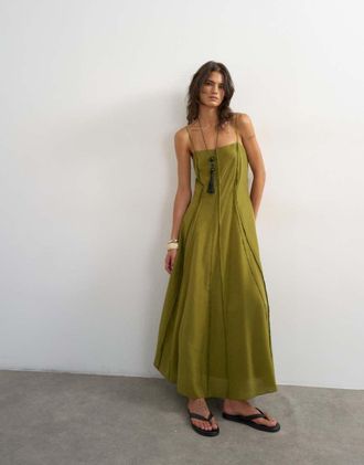 Topshop Maxi-Riemchenkleid in Chartreuse-Gr&uuml;n mit Ziernaht