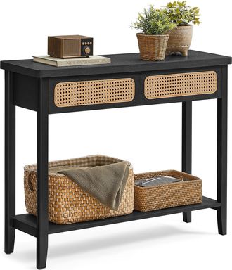 Vasagle Konsolentisch, Flurtisch, Flur M&ouml;bel, schmaler Sofatisch f&uuml;r Wohnzimmer, mit 2 Schubladen, offene Ablage, abgerundete Ecken, Boho-Stil, aschschwarz LN