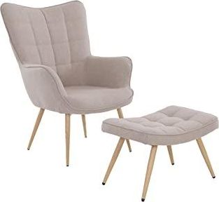 Byliving Sessel mit Hocker UTA/Polstersessel und Fu&szlig;hocker/Gestell in Eiche-Optik foliert/Relaxsessel/Polsterhocker/Set (Webstoff, Sandfarben)