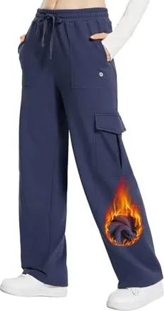 Baleaf Pantalon cargo pour femme, pantalon de surv&ecirc;tement doubl&eacute; en polaire avec poches, pantalon droit taille haute pour la marche en plein air, bleu marine