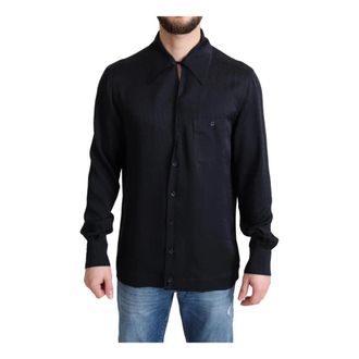 Dolce & Gabbana Schwarze Jacquard Seidenhemd mit Knopfleiste - - Shirts - Herren - Schwarzk - XS