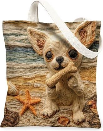 Generic Sac fourre-tout amusant en toile pour faire du shopping en forme de chihuahua, 33 x 38,1 cm, sac &agrave; bandouli&egrave;re r&eacute;utilisable pour femme, peinture danim