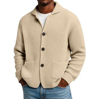 Generic Cardigan en tricot &eacute;pais pour homme avec col en V boutonn&eacute; et col ch&acirc;le gaufr&eacute; en coton tricot&eacute; &agrave; revers &eacute;pais - Pull &agrave; manches longues de couleur uni
