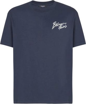 Balmain Homme, Tops, Bleu, Taille: L T-shirt avec imprim&eacute; Paris Brush