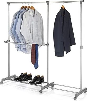 IDIMEX Portant &agrave; v&ecirc;tements London penderie sur roulettes Rangement vestiaire Mobile Hauteur et Longueur r&eacute;glables, avec 1 Tablette, en m&eacute;tal chrom&eacute; et Gris