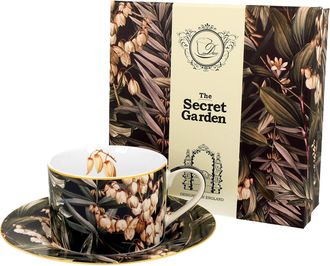 Duo Kollektion Secret Garden Tasse und Untertasse Yucca aus New Bone China Porzellan im Geschenkbox, Kaffeetasse, TeeTasse, Füllmenge 240 ml
