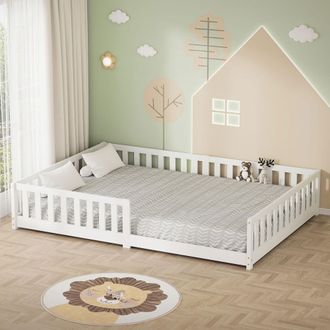 ML Design ML-Design Kinderbett 140x200 cm, Wei&szlig;, Bodenbett f&uuml;r Kinder mit Lattenrost und Rausfallschutz, Jugendbett aus massivem Kiefernholz, Bettgestell f&uuml;r Ju