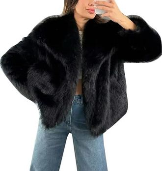 Generic Manteau en fausse fourrure pour femme veste en fausse fourrure moelleuse &agrave; manches longues revers vestes dhiver en fourrure shaggy parka manteau court