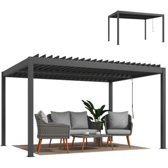OUTSUNNY Pergola bioclimatique - Outsunny - lames orientables, manivelle - protection soleil, imperm&eacute;able - aluminium - 4x3m - gris fonc&eacute;