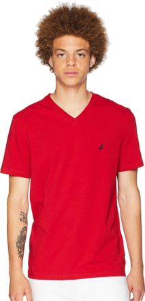 Nautica Herren Short Sleeve Solid Slim Fit V-Neck T-Shirt Modische T Shirts, Nautisches Rot, L EU