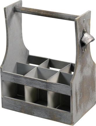 KESPER Flaschentr&auml;ger Antik f&uuml;r 6 Flaschen aus FSC-zertifiziertes Holz mit praktischem Griff und Flaschen&ouml;ffner, wiederverwendbar, grau, 25x32x16,8 cm