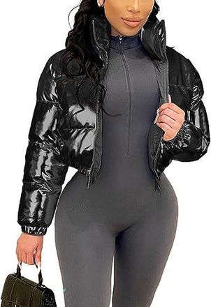 Generic Doudoune matelass&eacute;e Courte et Brillante m&eacute;tallique pour Femme - v&ecirc;tements dext&eacute;rieur en Duvet rembourr&eacute; zipp&eacute; (Noir,S)