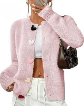 Generic Cardigan en tricot pelucheux pour femme - Chandail &agrave; col ras du cou - Chandail en tricot avec boutons en forme de coeur sur, rose, M
