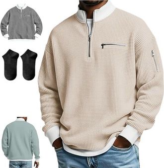 Generic Mens Casual Fashion Up Collar Contrasting Zipper Sweatshirt,Waffle Half-Zip Stand Collar Pullover Sweater,Loose Simple Top (FR/ES, Alpha/Lettres, TTG,