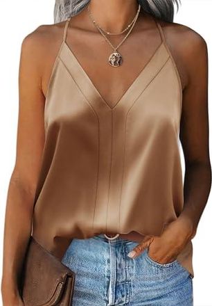 Zeagoo Debardeur Femme Satin Chic et Élégant Caraco Lâche Été Top sans Manche Bretelles Spaghetti Haut Sexy Col en V Camisole, Kaki M