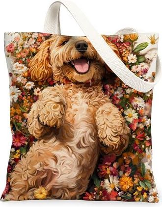 Generic Sac fourre-tout en toile motif chien griffonn&eacute; dor&eacute; printemps 33 x 38,1 cm, joli champ de fleurs, sac d&eacute;picerie r&eacute;utilisable pour femme, peinture dani